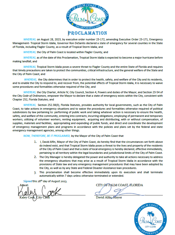 Mayor Alfin Signs Emergency Proclamation for City of Palm Coast | Palm Coast Connect